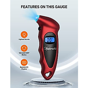 AstroAI Digital Tire Pressure Gauge 150 PSI 4 Settings for Car Truck Bicycle with Backlit LCD and Non-Slip Grip Car Accessories, Red (1 Pack)