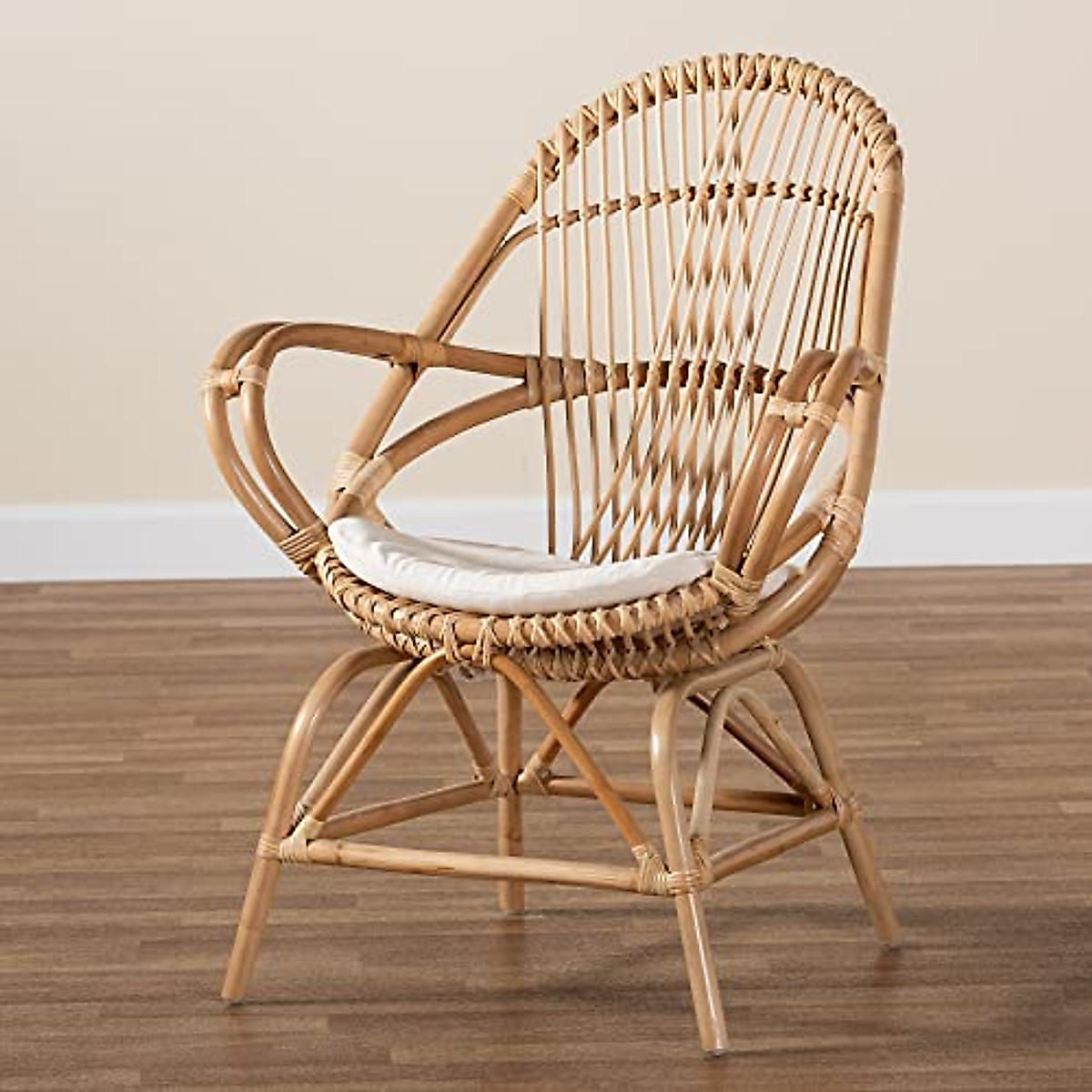 bali & pari Jayden Modern Bohemian White Fabric Upholstered and Natural Rattan Accent Chair