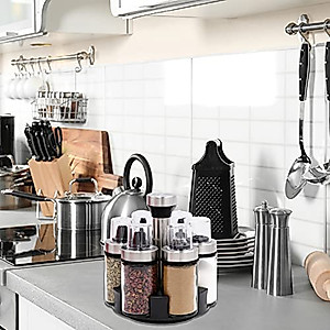 Spinning Spice Rack Organizer with 6 Bottles, Oil and Vinegar Dispenser Set , Stainless Steel Salt and Pepper Shaker Sets with Rotating Holder