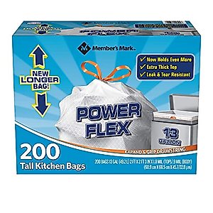 Member's Mark Power Flex Tall Kitchen Simple Fit Drawstring Bags (13 gal., 200 ct.) - Trash Bags