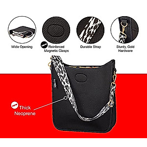 Pinafore Black Crossbody Neoprene Messenger Bag for Women - Multipurpose Fashion Handbag with Adjustable Shoulder Guitar Strap - Perfect Travel Purse for Women - Durable and Machine Washable