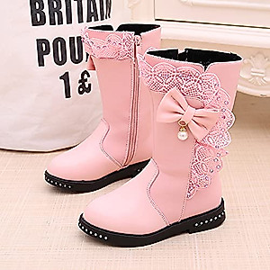 Lykmera Lace Boots for Baby Girl Fashion Winter Boots for Girl Kids Boots Shoes Princess Knee Bowkont Shoes Slip on Boots (Pink, 10.5-11 Years Big Kids)