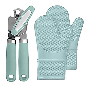 Gorilla Grip Manual Can Opener and Silicone Oven Mitts, Manual Can Opener Includes Built In Bottle Opener, Oven Mitts are 14.5 Inch, Both in Mint Color, 2 Item Bundle