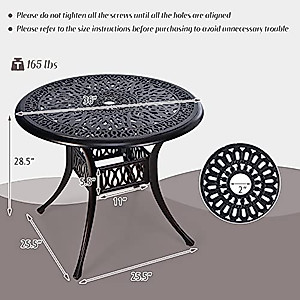 Tangkula 36 Inch Outdoor Dining Table, Round Cast Aluminum Patio Dining Table with Umbrella Hole, Weather-Resistant Patio Bistro Table for Backyard, Garden, Poolside