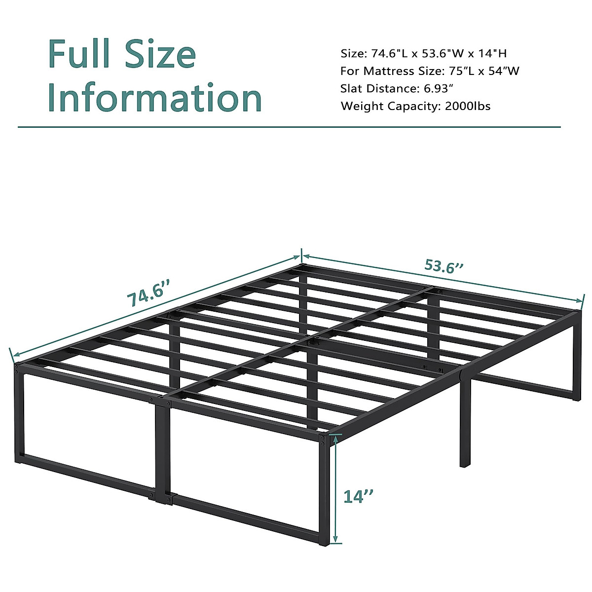 XINXINYAN 14 Inch Full Bed Frame, No Box Spring Needed, Heavy Duty Metal Platform Bed Frame Full Size, Strong Steel Slats Support, Noise Free, Easy Assembly, Black