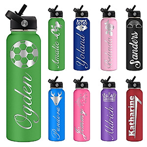 ASSETBAG Personalized Water Bottles for Kids with Straw Lid Bulk 24oz Engraved Customized Insulated Bottle with Name and Text for Men Dad Gifts(Green)
