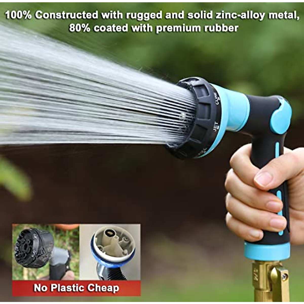 ESOW Garden Hose Nozzle 100% Heavy Duty Metal, Water Hose Sprayer with 8 Watering Patterns, Thumb Control On Off Valve, High Pressure Nozzle Sprayer for Watering Plants, Car and Pet Washing, Blue