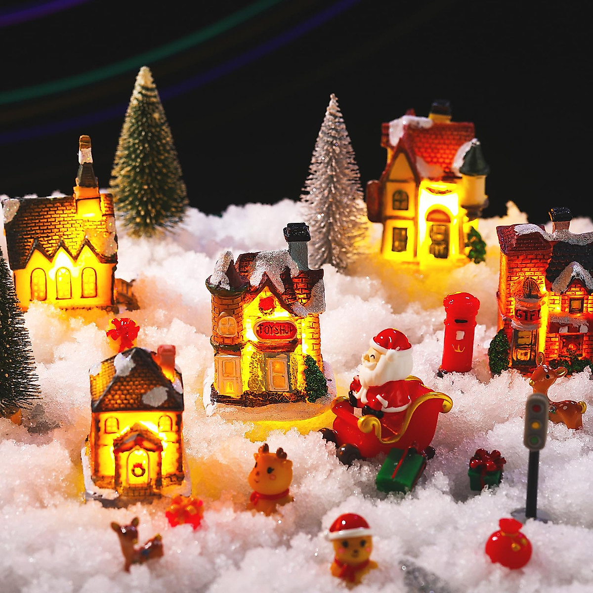 Liliful 40 Pcs Christmas Village Sets Lighted LED Christmas Village Houses with Figurines Resin Xmas Scene Figurines Christmas Collectible Buildings Miniature Christmas Town Scene Desktop Decor