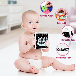 GFPGYQ Black and White High Contrast Baby Soft Books, Newborn Tummy Time Crib Toys for 0 3 6 to 12 Months, Stimulation Brain Development Color Crinkle Cloth Book