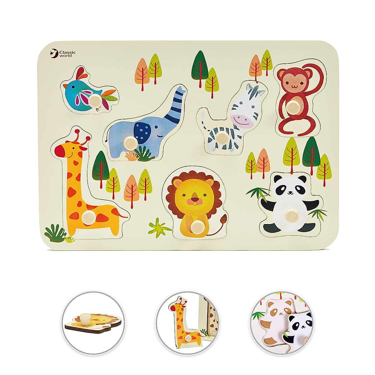 Classic World Zoo Puzzle 7 Pieces Wooden Pegged Animal Toy for Baby Toddler Early Learning Education