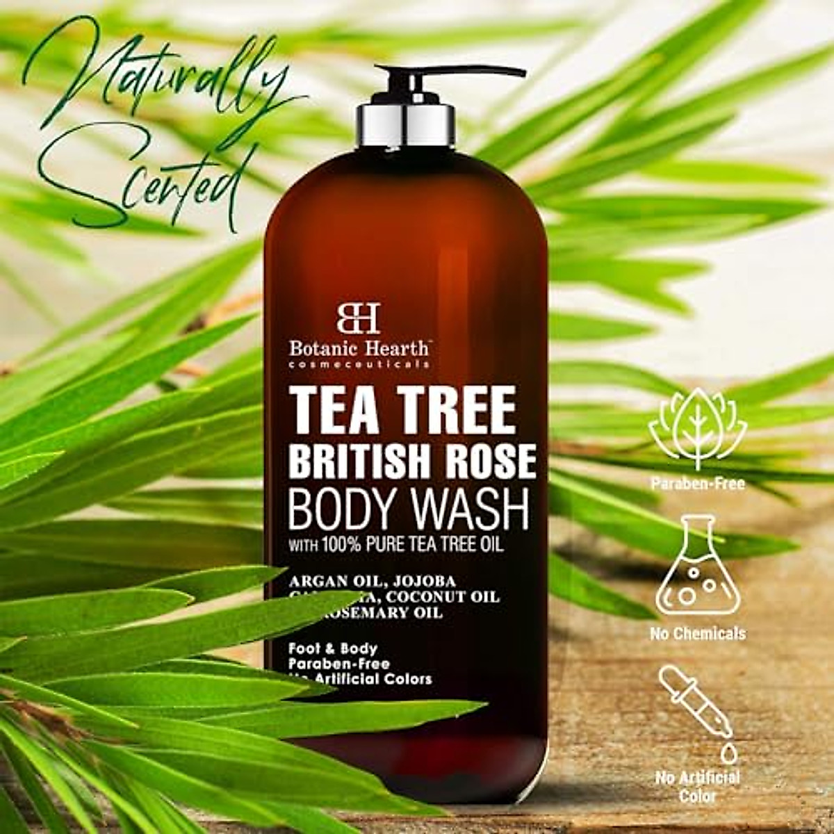 Botanic Hearth Tea Tree Body Wash with British Rose Extract, Helps with Nails, Athletes Foot, Ringworms, Jock Itch & Acne, Soothes Itching & Promotes Healthy Skin and Feet, 16 fl oz