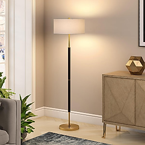 Henn&Hart 2-Light Floor Lamp with Fabric Shade in Matte Black/Brass/White, Floor Lamp for Home Office, Bedroom, Living Room
