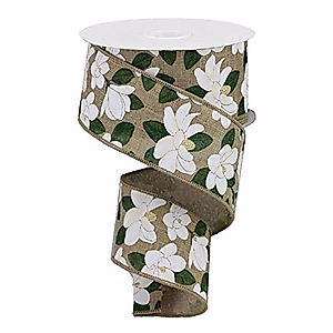 Magnolia Flower Canvas Wired Edge Ribbon, 10 Yards (Light Beige, 2.5 Inches)