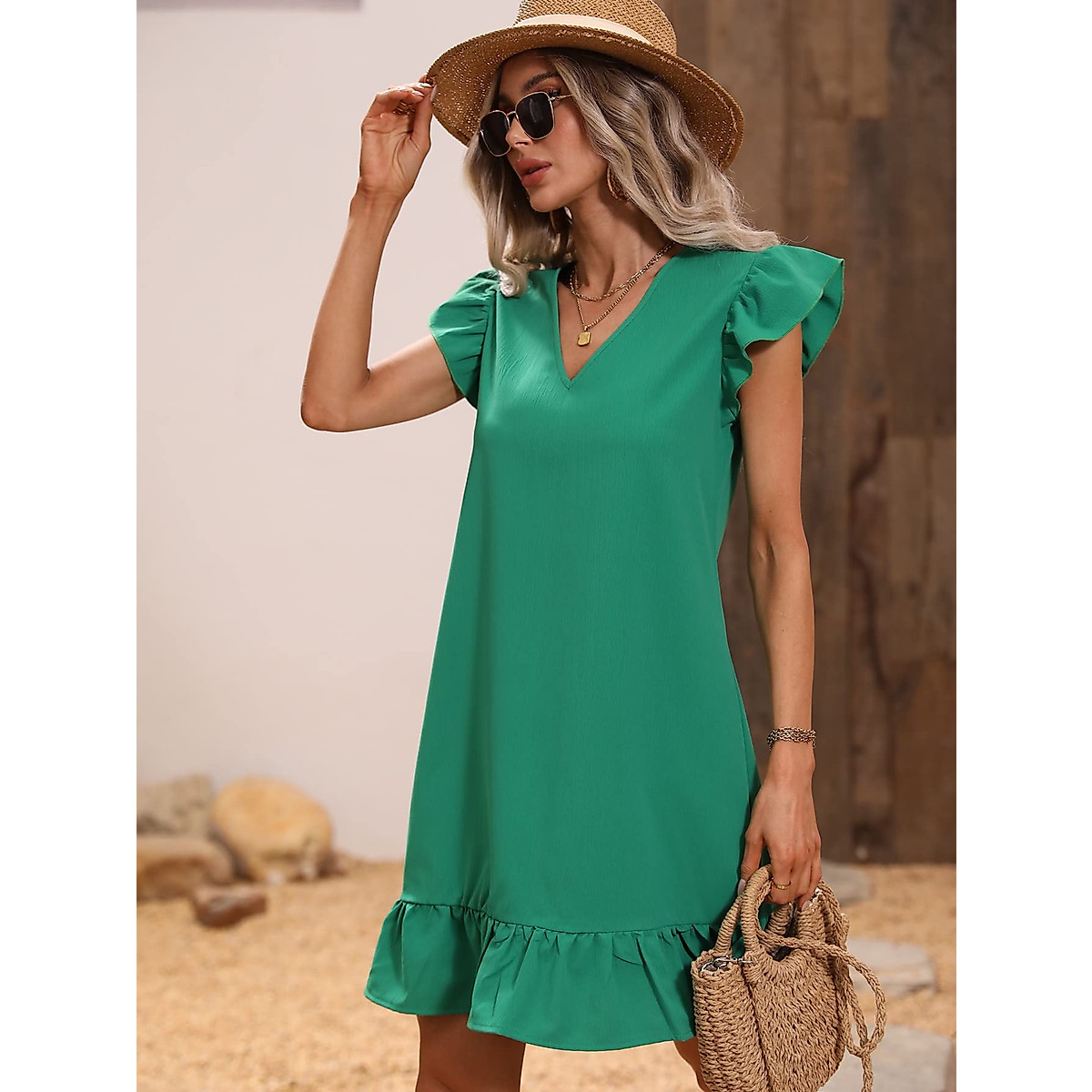 SOLY HUX Summer Dresses for Women V Neck Cap Sleeve Ruffle Hem Smock Short Dress Solid Green M