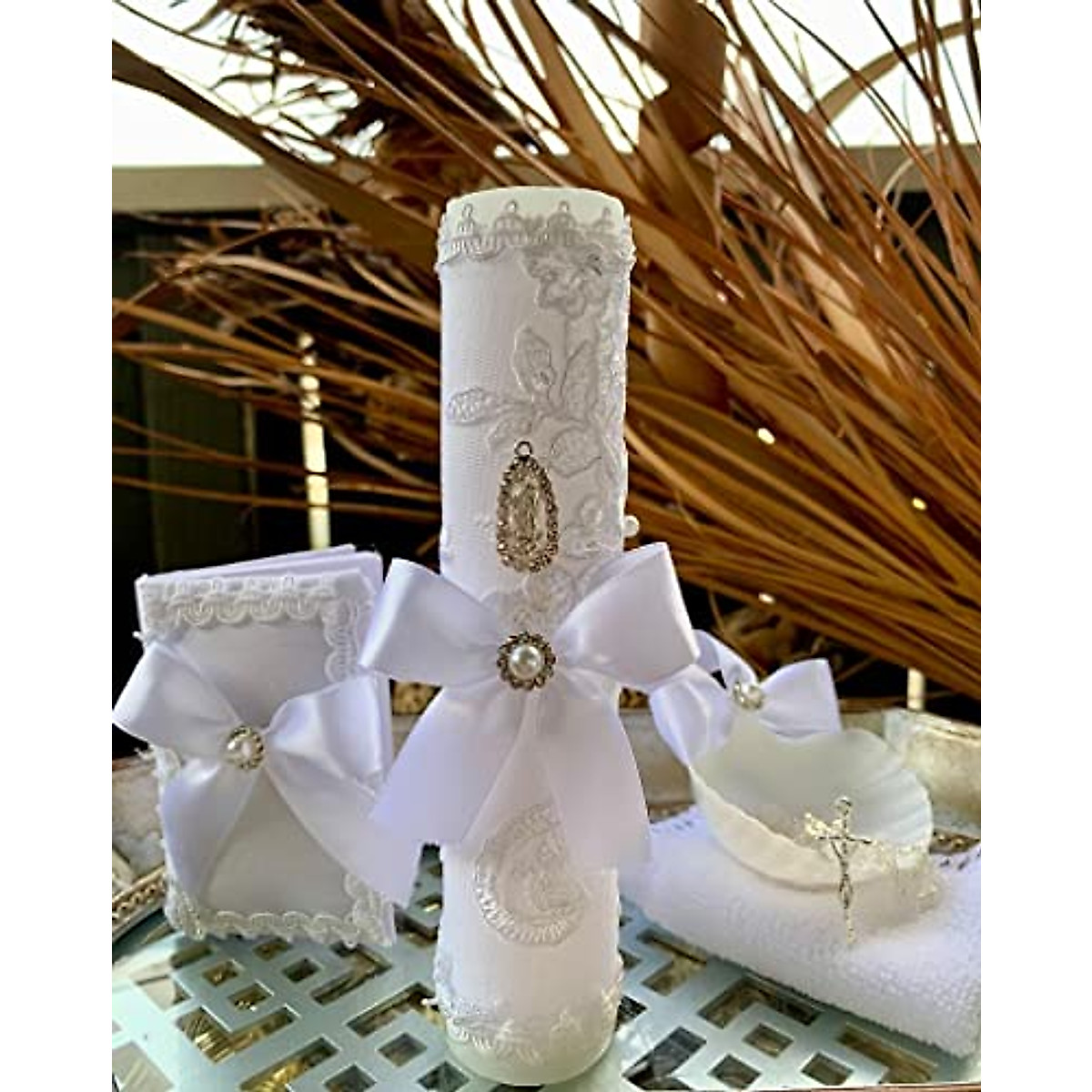 Baptism White Candle Set with Lady of Guadalupe Medal and Pearls Details