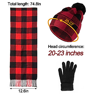Cosweet Scarf and Gloves Set - Winter Knitted Warm Set, Plaid Scarf Winter Gloves Knitted Hat with Pompom Flurry Ball for Women Men Outdoor Sports Running Skiing Cycling Yoga Christmas Gift