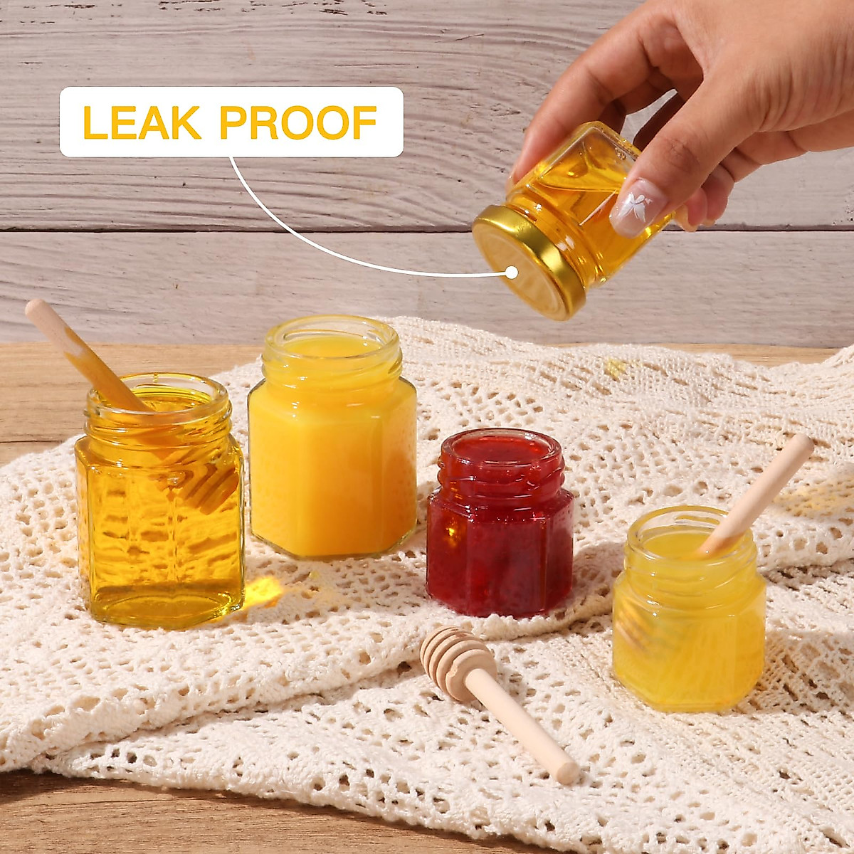 SZUAH 48 Pack 1.5 oz Mini Honey Jars with Dipper, Glass Hexagon Honey Jar for Wedding Favors, Empty Glass Jars for Party Favor