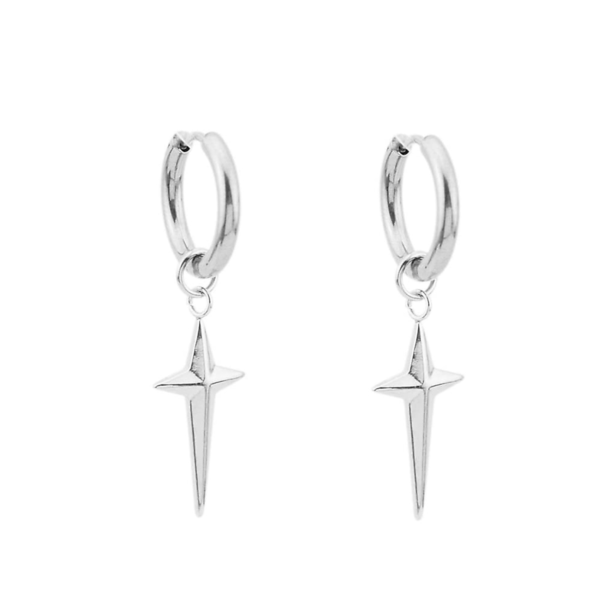 Punk Cross Star Dangle Drop Huggie Small Hoop Earrings for Men Women Boys Stainless Steel Hypoallergenic Minimalist Personalized Simple Sleeper Hinged Hoops Dangling Hanging Hip Hop Lightweight Piercing Fashion Jewelry Gifts Valentines Day