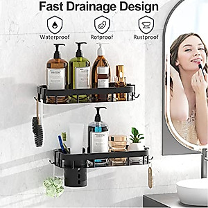SAYUUM Adhesive Shower Rack, 2-Pack Bathroom Organizer with Storage Cylinder, No Drilling Large Capacity Wall Mounted Shower Caddy with 8 Hooks,Rustproof Organizer Shelf for Shower, Kitchen