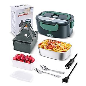 Andmenow 80W Faster Electric Lunch Box, Home Office Truck Car Food Warmer, Portable Food Heater with 304 Stainless Steel Container, Spoon & Fork and Carry Bag (GreyGreen)