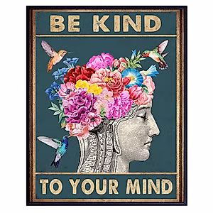 Yellowbird Art & Design Wall Art & Decor - Be Kind to Your Mind Inspiration Saying - Vintage Hummingbirds Mental health Brain Wall Art Poster - Zen Meditation Office Living room Bedroom Wall Art 8x10