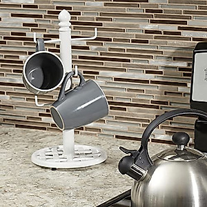 Home Basics Weave 6 Hook Cast Iron Mug Tree, White | Round Base | Rubber Feet | Strong Branches to Hold Mugs