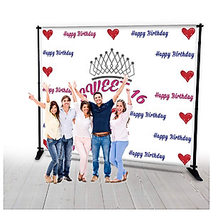 Happy Birthday Sweet 16 Red Heart Theme Custom Photography Background Backdrop Party Decoration Step and Repeat Banner for Kids, Adults - Print with Hardware (8' x 8')