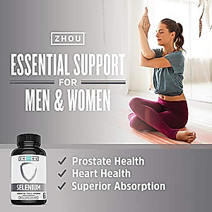 Zhou Selenium 200mcg | for Thyroid, Prostate and Heart Health | Essential Trace Mineral with Superior Absorption | No Yeast | 100 Veg Caps