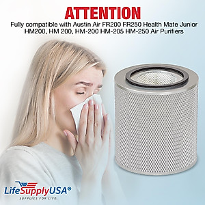 LifeSupplyUSA HEPA Filter Replacement Compatible with Austin Air FR200 FR250 Health Mate Junior HM200, HM 200, HM-200 HM-205 HM-250 Air Purifiers (Pre-Filter Included)
