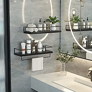 ZGO Floating Shelves for Wall Set of 2, Wall Mounted Storage Shelves with Black Metal Frame and Towel Rack for Bathroom, Bedroom, Living Room, Kitchen, Office (Black)