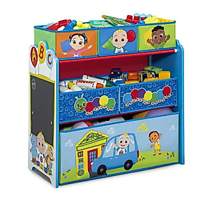 PZCXBFH CoComelon 4-Piece Toddler Playroom Set by – Includes Play Table with Dry Erase Tabletop and 6 Bin Toy Organizer with Reusable Vinyl Cling Stickers, Blue/Multi