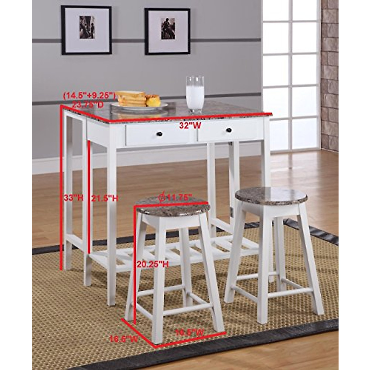 King's Brand 3 Pc. White Finish Wood Drop Down Table & 2 Stools