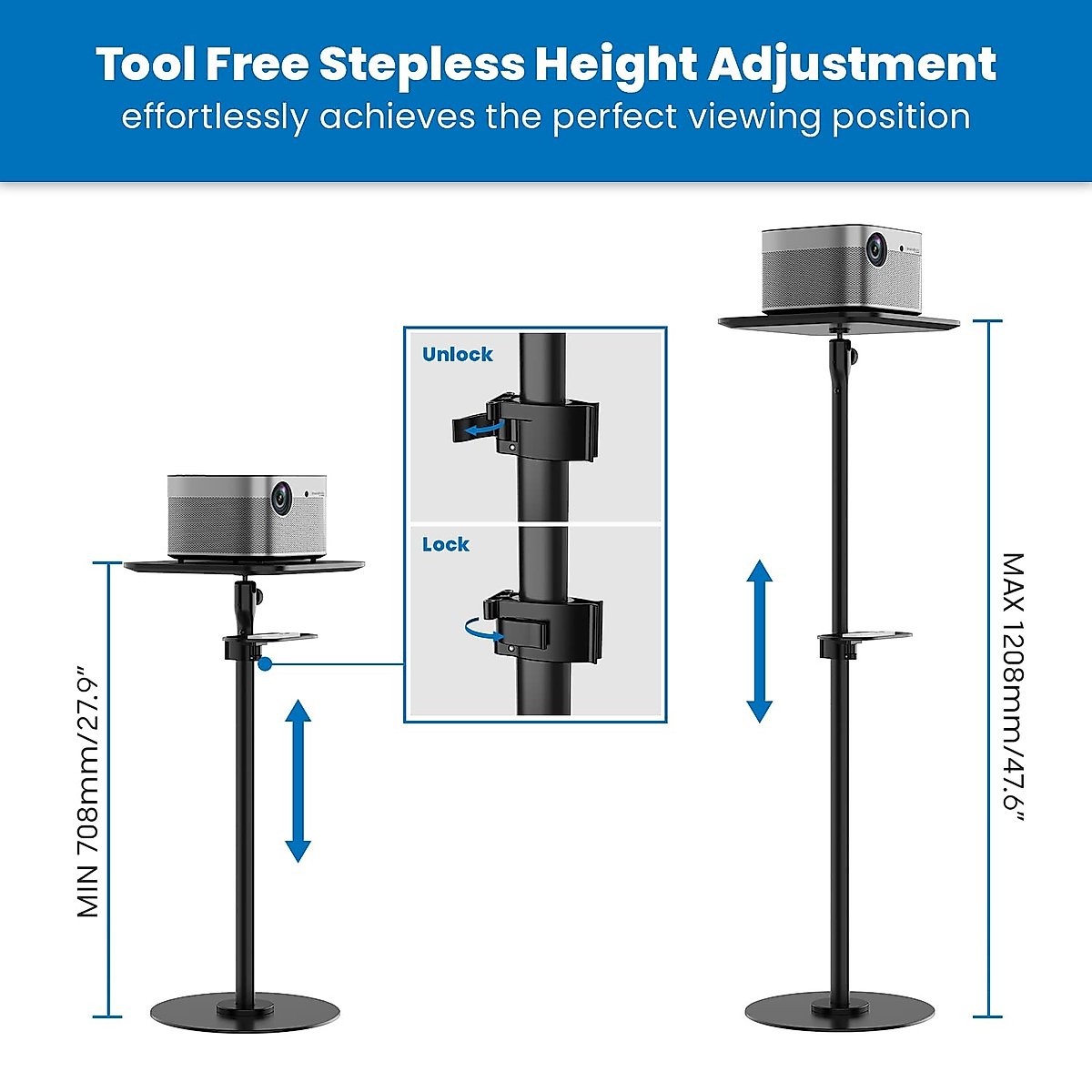 Mount-It! Dual Use Projector Stand, 2 Mounting Options: 1/4" Screw and Platform Portable Projector Stand For Mini Projectors Adjustable Height Floor Stand 13.2 lb load, For Home, Office, Studio, DJs