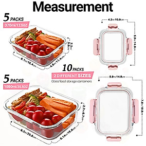 Glass Food Storage Containers 10 Packs - Eco Friendly Borosilicate Glass with BPA Free Locking Lids, Microwave Safe Prep Contaniers Set for Meal | Leakproof & Airtight Lunch Box for Kitchen (Pink)