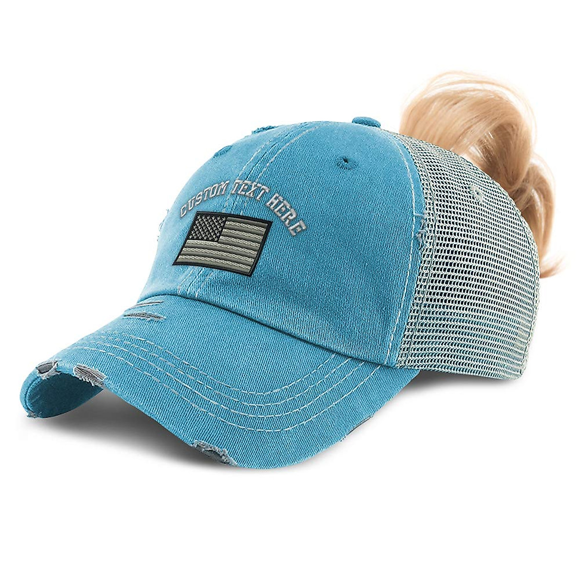 Custom Womens Ponytail Cap Black White American Flag Embroidery Cotton Messy Bun Distressed Trucker Hats Strap Closure Turquoise Personalized Text Here