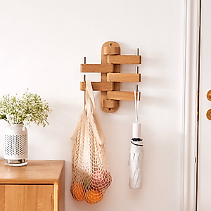 Rsuwiz Coat Hooks for Wall, Oak Wood Wall Hooks with 5 Swivel Foldable Arms, 12'' Length Wall Coat Rack Hat Hooks for Bathroom Entryway Bedroom Office Kitchen, Heavy Duty (Natural)