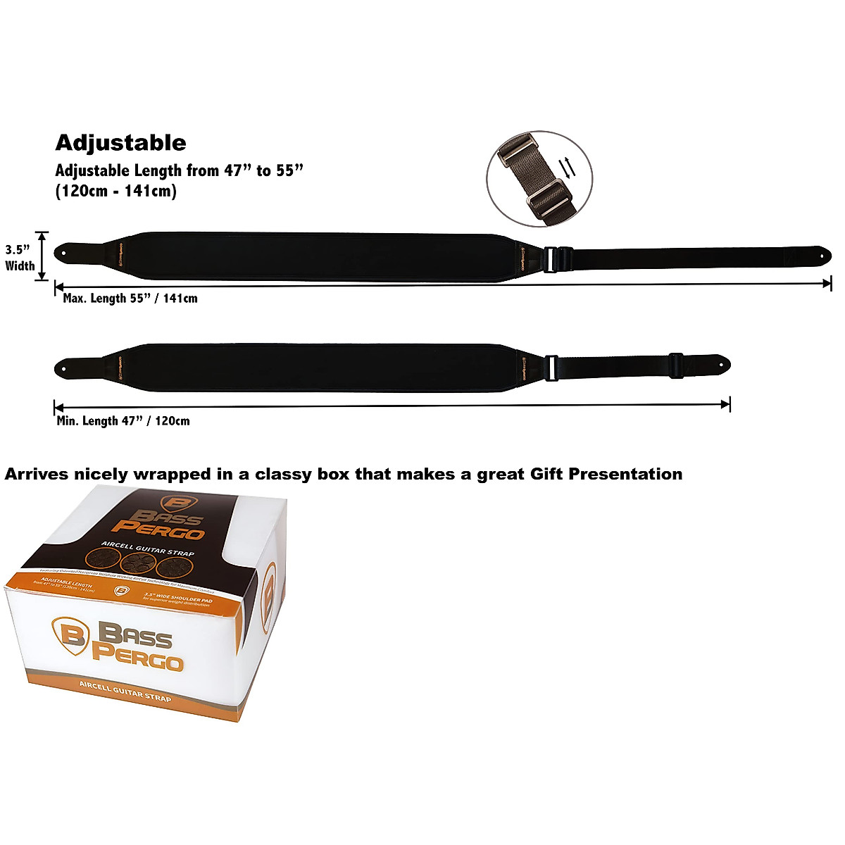 Bass Pergo AirCell Guitar Strap for Electric Guitar, Bass & Acoustic with 3.5" Wide Neoprene Pad w/ 4 Straps Locks, Adjustable Length from 47" to 55.", Black – Soft & Durable