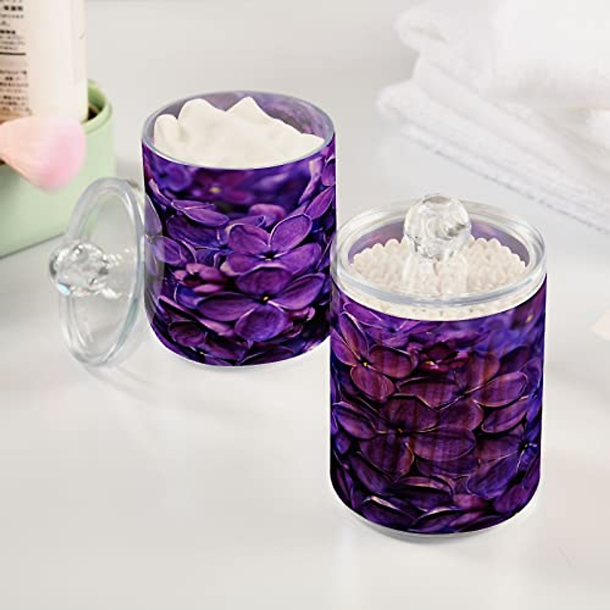 Coikll Spring Lilac Purple Floral 02 Qtip Holder with Lid 4PCS Apothecary Jars Storage Containers, Clear Plastic Canister for Cotton Swab,Floss Picks, Cosmetics