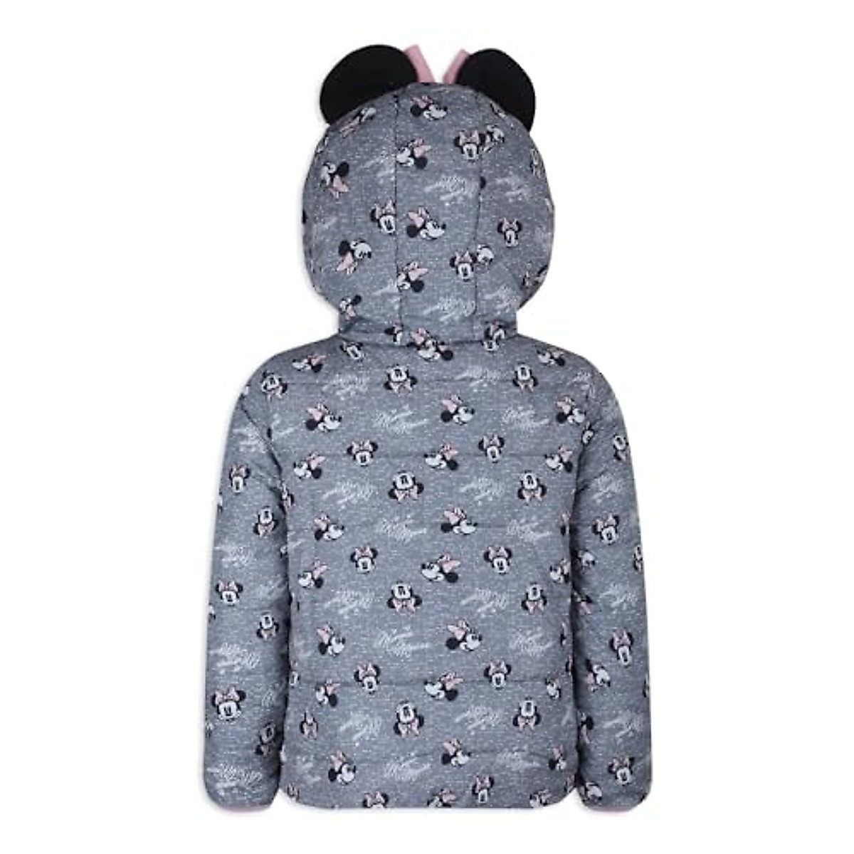 Disney Girl's Minnie Mouse Print Hooded Puffer Jacket with Ears and Pink Bow, Grey, Size 5