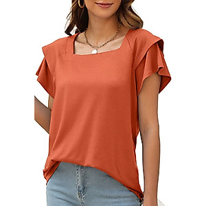 Womens Shirts Square Neck Ruffle Short Sleeve Summer Tops Orange