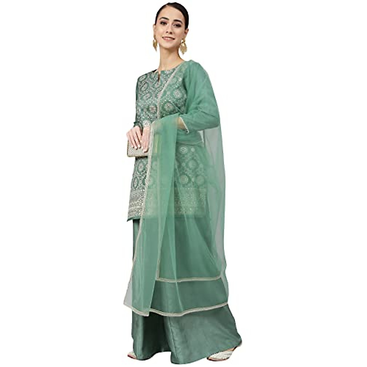 Janasya Indian Women's Mint Green Chinon Foil Print Kurta with Flared Palazzo and Dupatta(SET530-KR-PP-A-XXL)