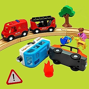 Magnetic Trains Cars Set Wooden Train Track Accessories Fire Truck Train Set for Toddlers 3-5 Wooden Train Sets for Boys Ages 3-4-7 (Fire Truck B (with Light and Sound))