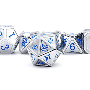 Haxtec Metal DND Dice Set Silver W/ Gift Metal Case D&D Polyhedral Dice for Dungeons and Dragons TTRPG-Silver Blue Numbers