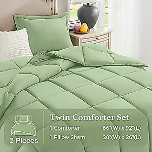 Wellsin Sage Green Comforter Set - Twin/Twin XL (66"x92") - 2 PCS All Season Soft Down Alternative Comforter & Pillow Sham for Girls/Boys/Adults