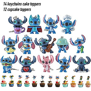 26Pcs Stitch Lilo Cake Topper Cupcake Keychain Angel Theme Birthday Party Supplies Decoration Cartoon Action Figure Figurine Collectible Gift Toys Collection Miniature Statue Stocking Stuffers merchandise Decor Christmas