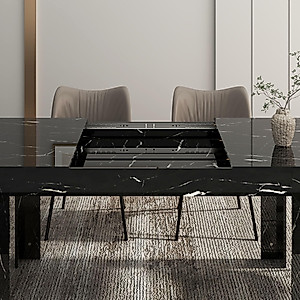 Fingertip WD Extendable Dining Table for 6-10 Person, Wooden Dining Room Table, Modern Extendable Table for Small Kitchens, Dining(Black Marble)