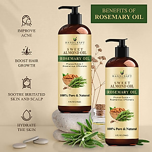 Handcraft Blends Sweet Almond Oil with Rosemary Oil - 8 Fl Oz - 100% Pure and Natural - Premium Grade Oil for Skin and Hair - Carrier Oil - Hair and Body Oil - Massage Oil