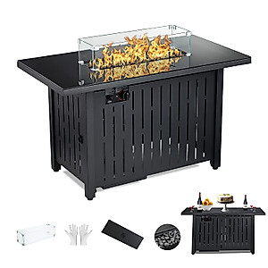 43 inch Propane Gas Fire Pit Table with Glass Wind Guard,2 in 1 Propane Fire Pit Outdoor Rectangle Gas Fire Pit, Tempered Glass Tabletop,60000BTU Fire Table for Outside Patio/Lawn,CSA Certificated