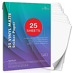 Premium Printable Vinyl Sticker Paper for Your Inkjet and Laser Printer – 25 Matte White Waterproof Decal Paper Sheets - Dries Quickly and Holds Ink Beautifully - Accessories Set for Cricut
