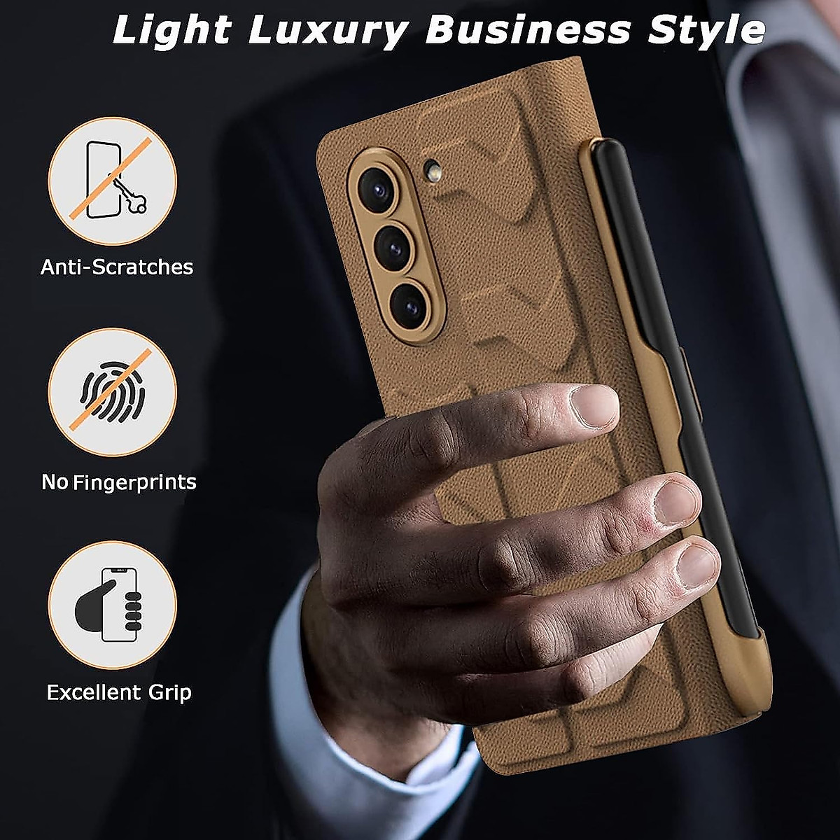 EKSED Leather Case for Samsung Galaxy Z Fold 5 Stand Case with Card Slot & Screen Protector,360° Full Body Hinge Protection Leather Cover Wallet Case for Galaxy Z Fold 5 5G Phone Case Brown